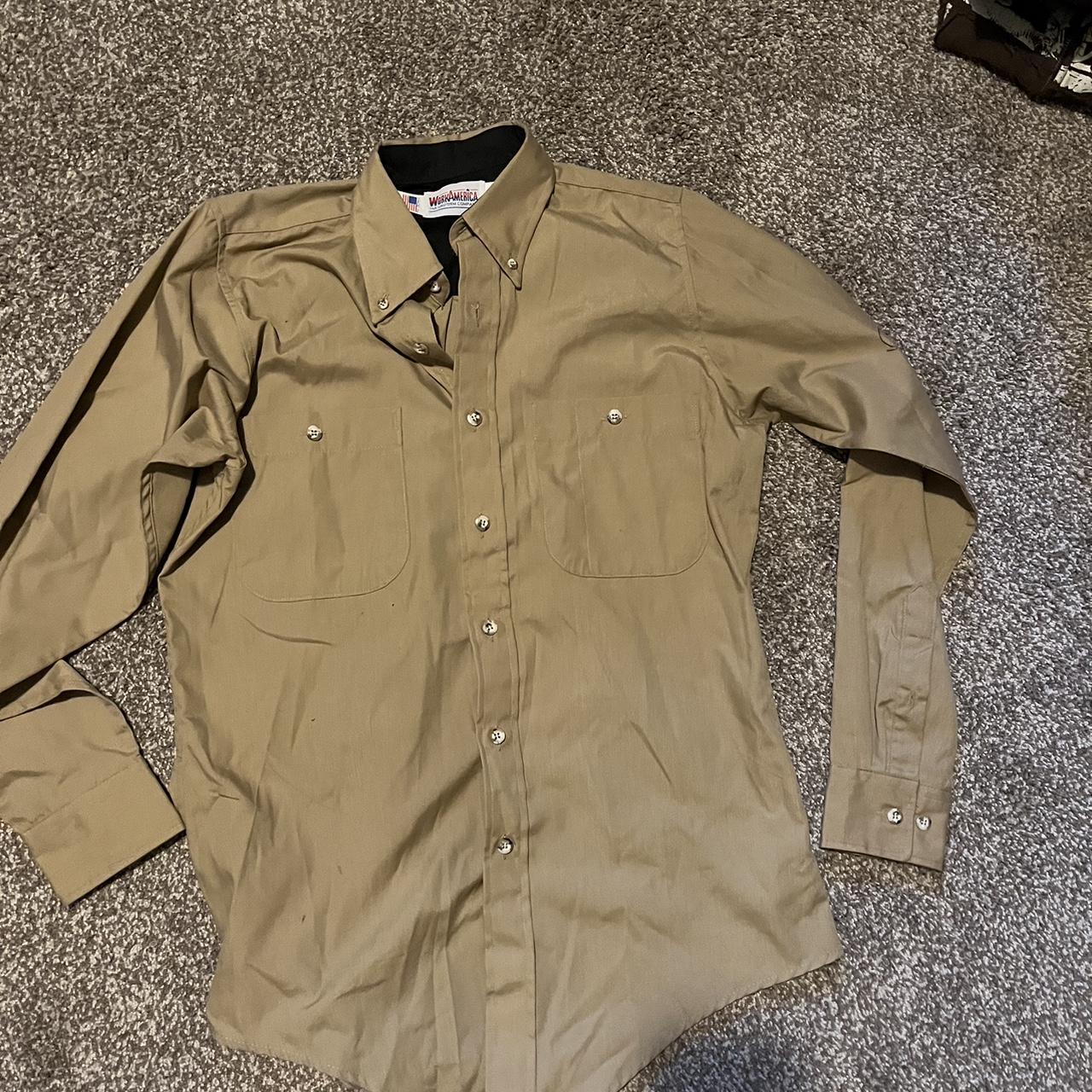 Tan work shirt size small custom graphic on the back - Depop