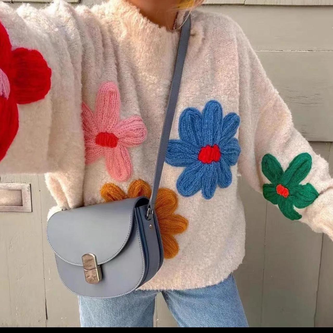 Flower spring embroidery knitted sweater pullover... - Depop