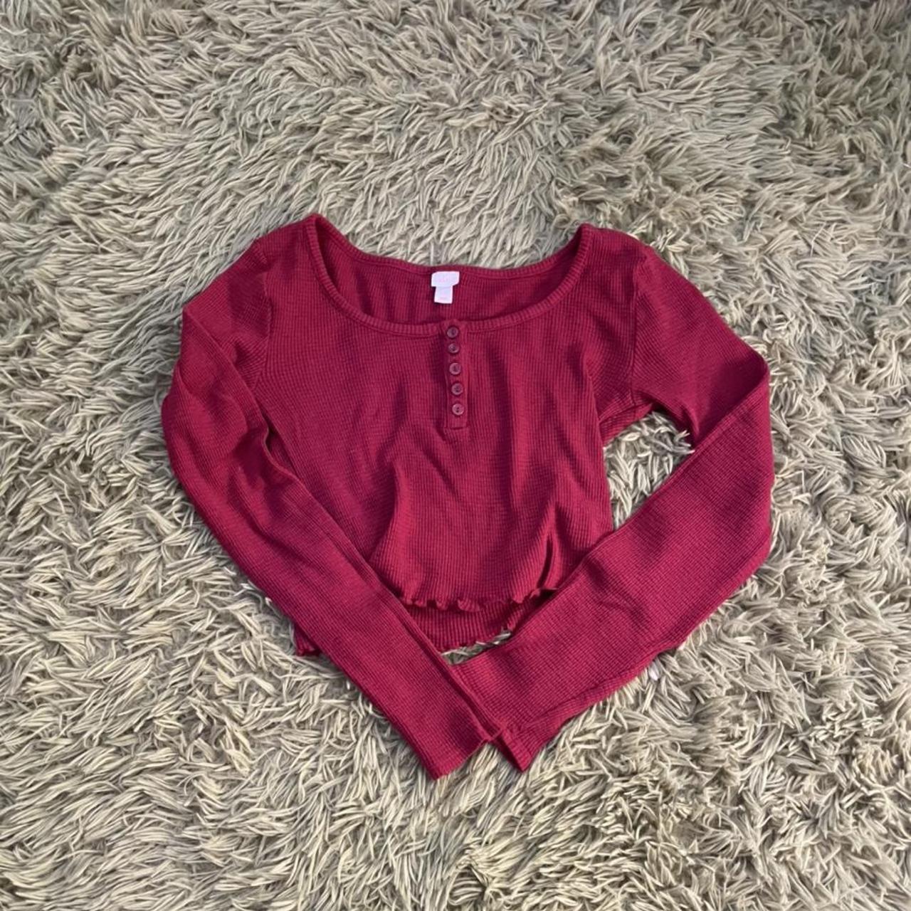 cropped red henley top perfect condition size xs... - Depop