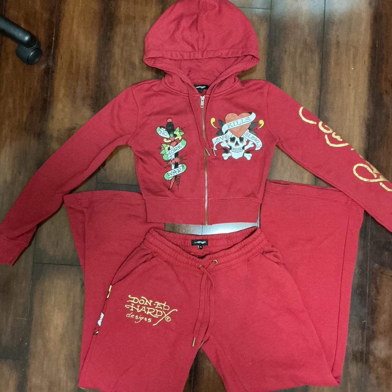 Ed Hardy red and gold tracksuit zip up with skulls... - Depop