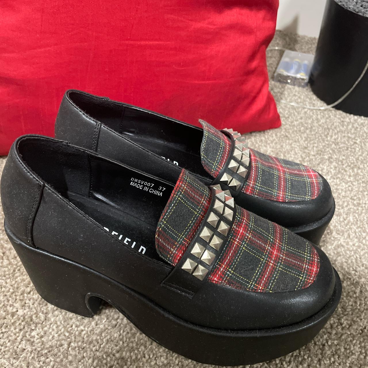 Black and red platform loafers with studded detail!!... | Depop
