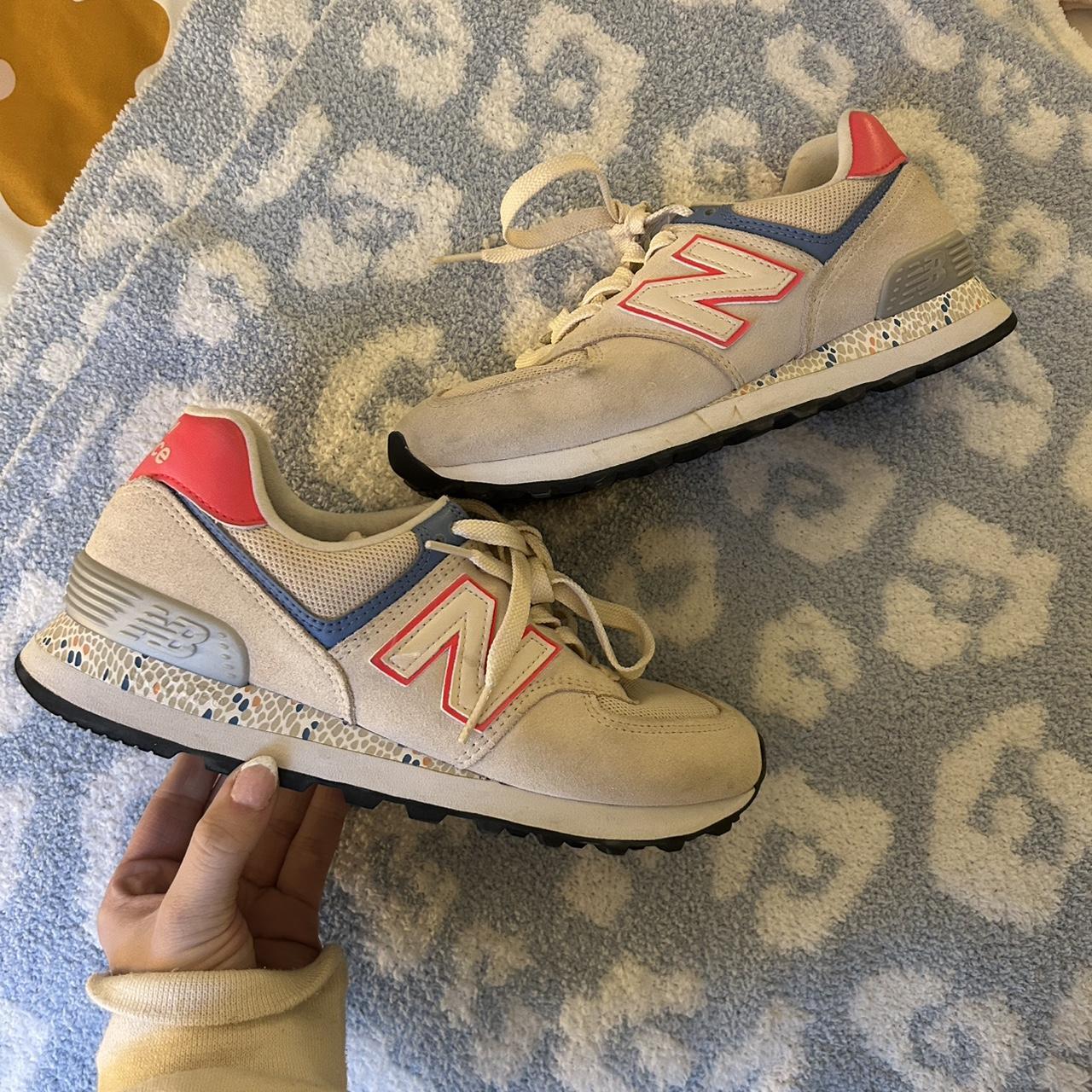 new balance 574 tan and multi colored the cutest... - Depop