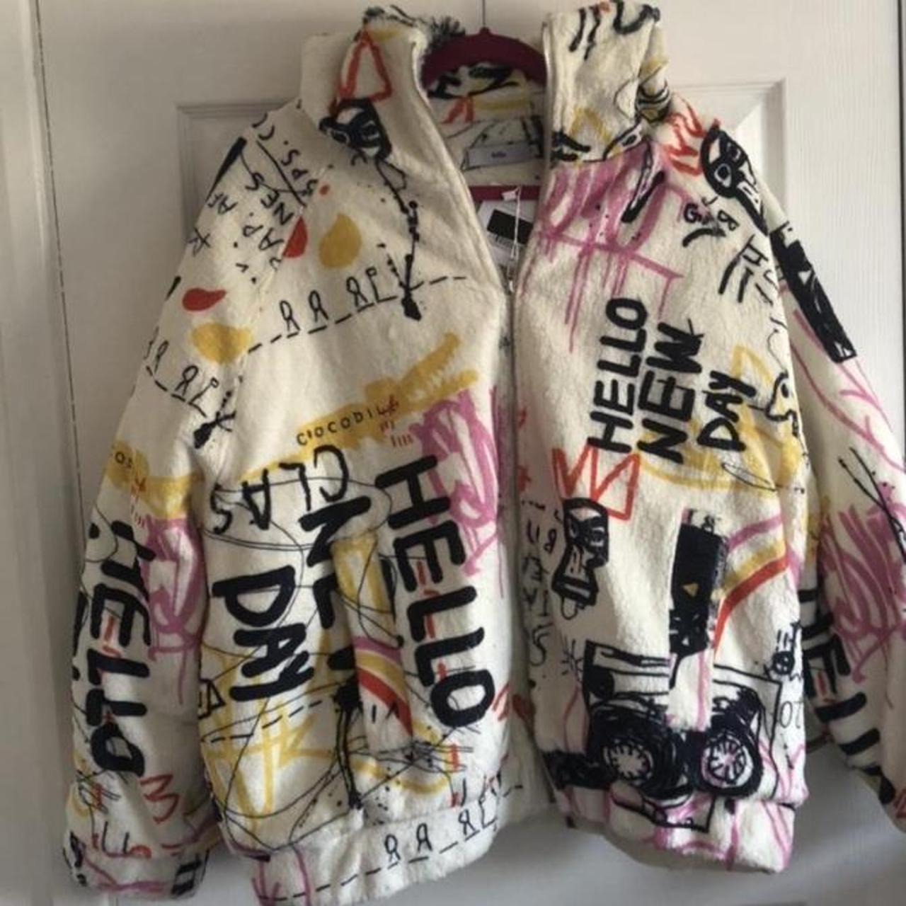 Graffiti jacket Adika oversized Faux fur graffiti... - Depop