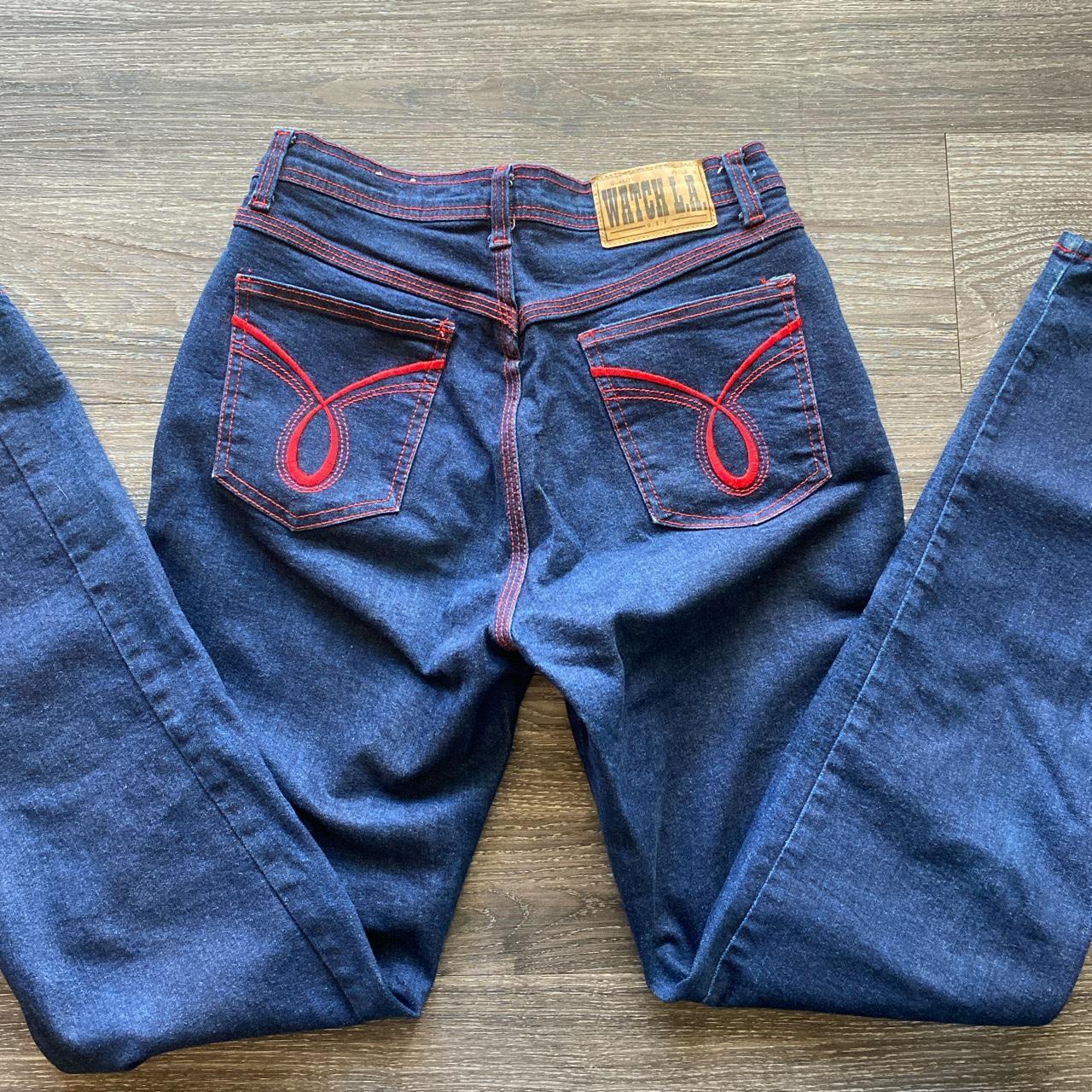 Blue jeans with red stitching Brand Watch LA High... - Depop