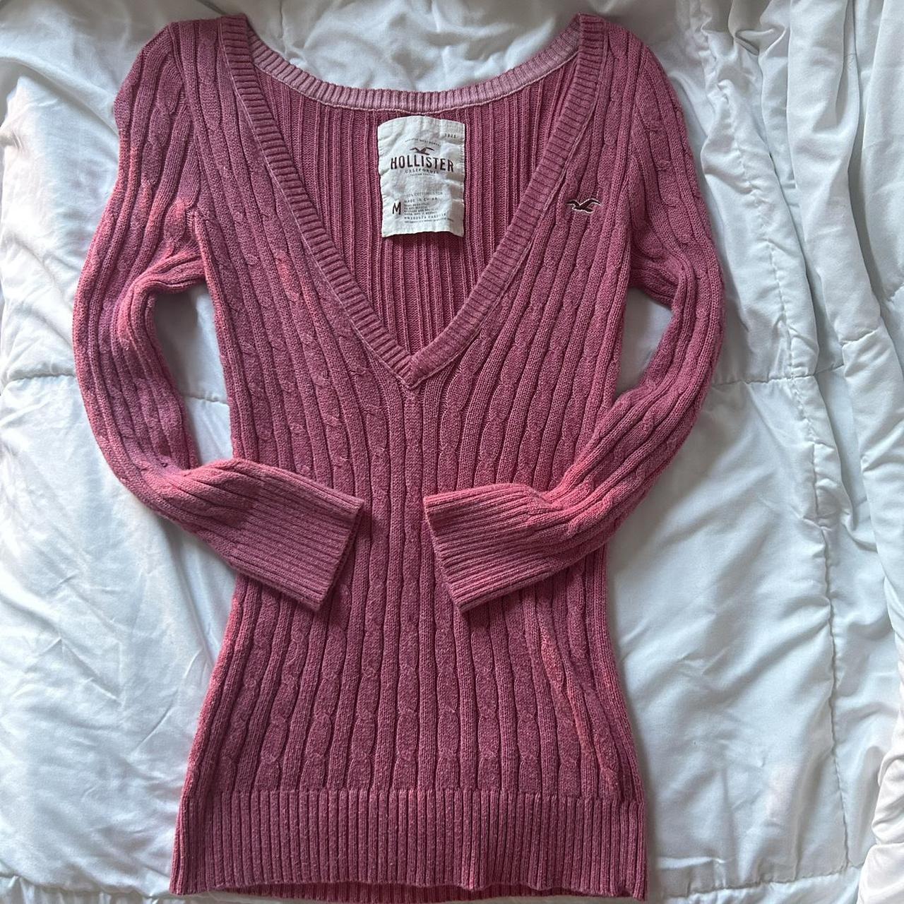 pink hollister v neck sweater🎀 size M stretchy... - Depop