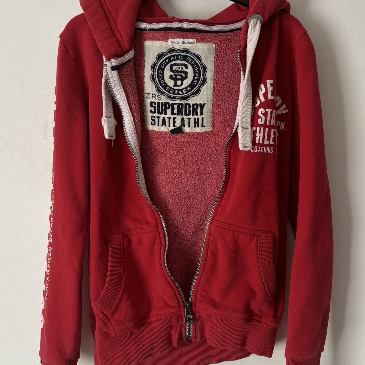 Red superdry hoodie size medium or kids large unisex... - Depop