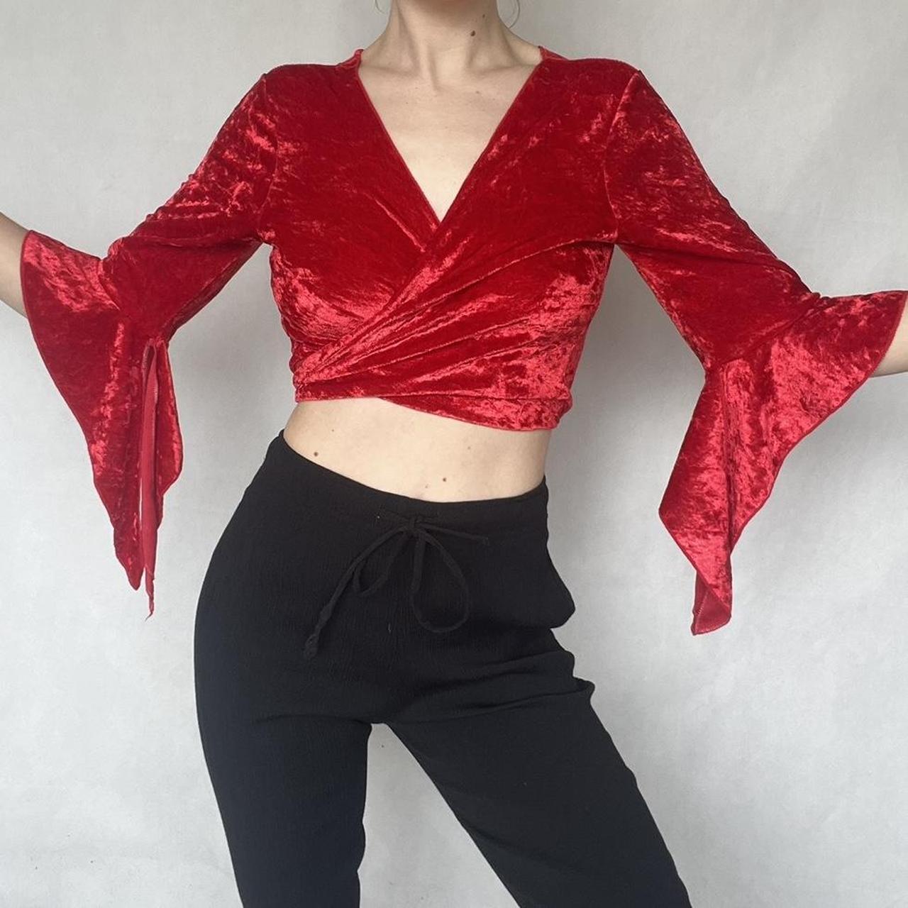 Vintage red velvet tie front cropped cardigan top... - Depop