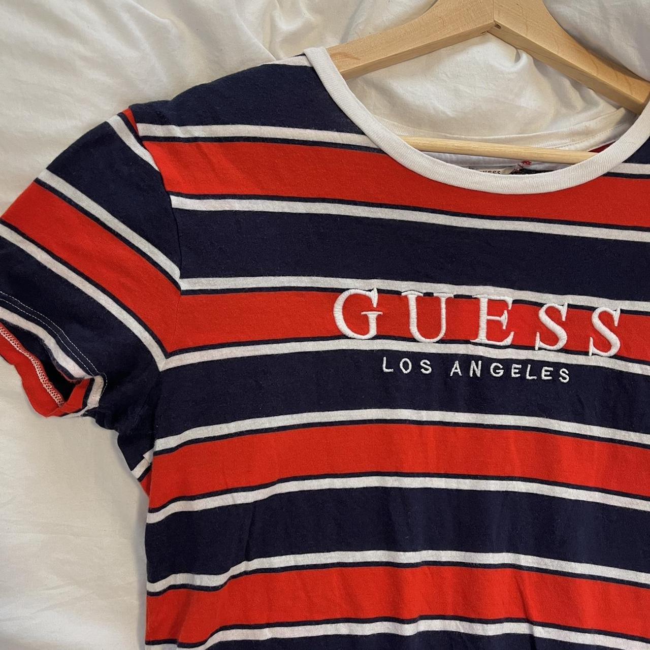 GUESS WHITE RED AND BLUE STRIPE TEE - size xs but... - Depop