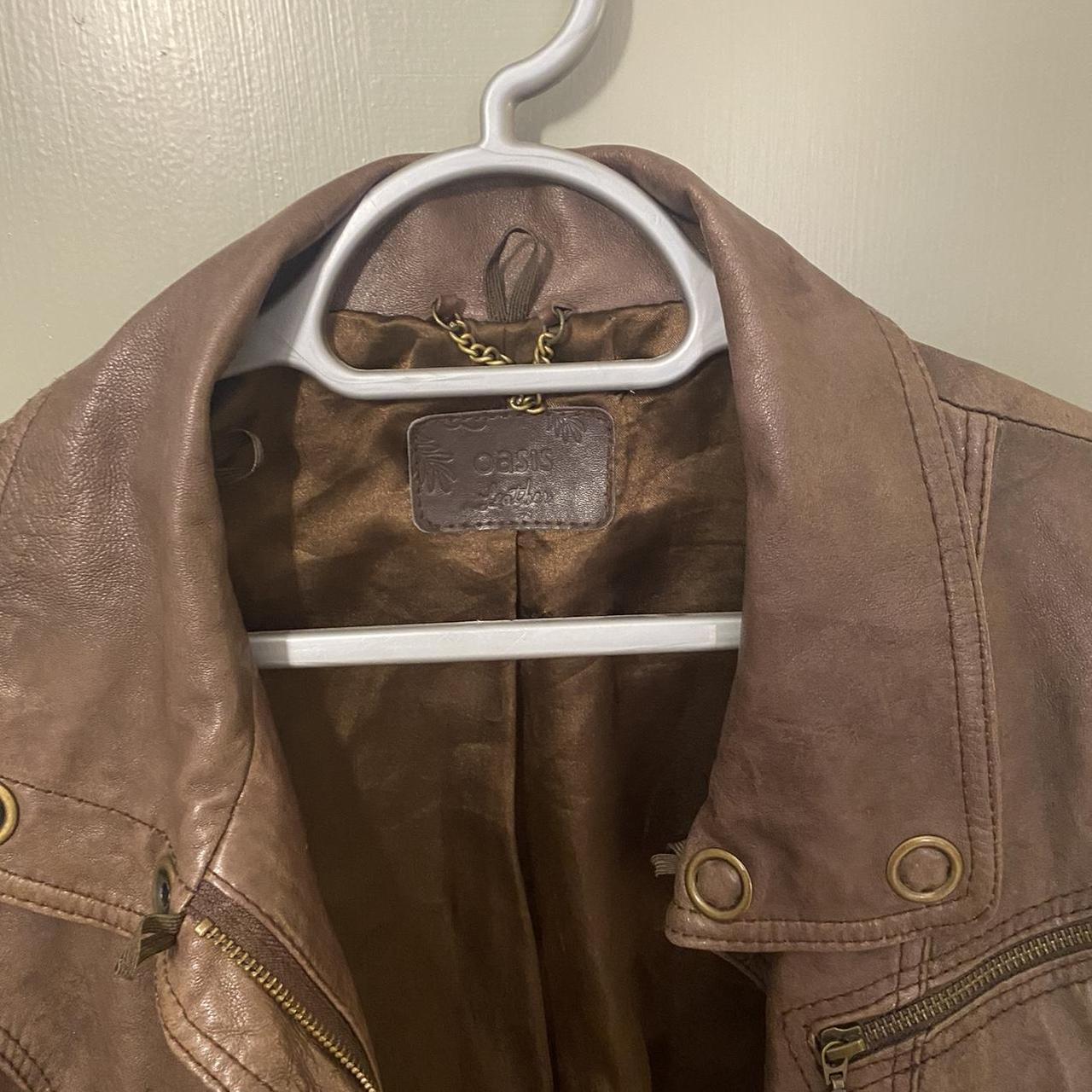 Gorgeous brown oasis leather jacket - worn a few... - Depop