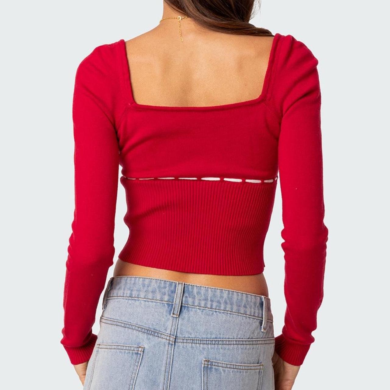 edikted red knit white tie top, used a few times no... - Depop