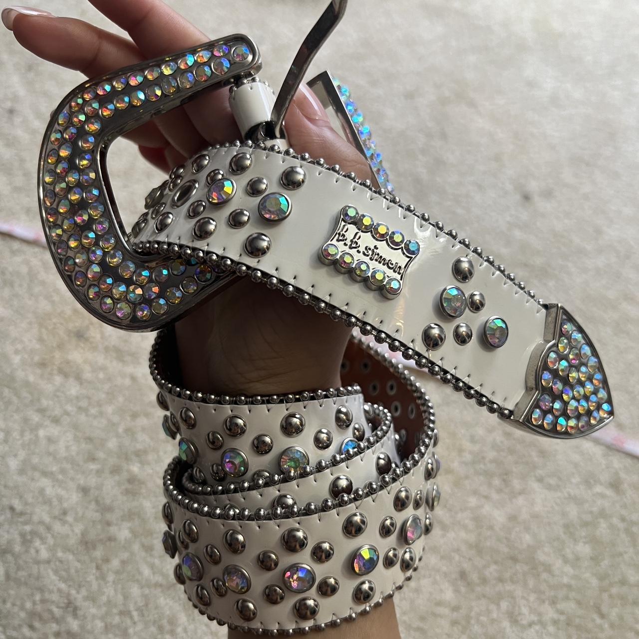BB SIMON White and silver rhinestone belt... | Depop