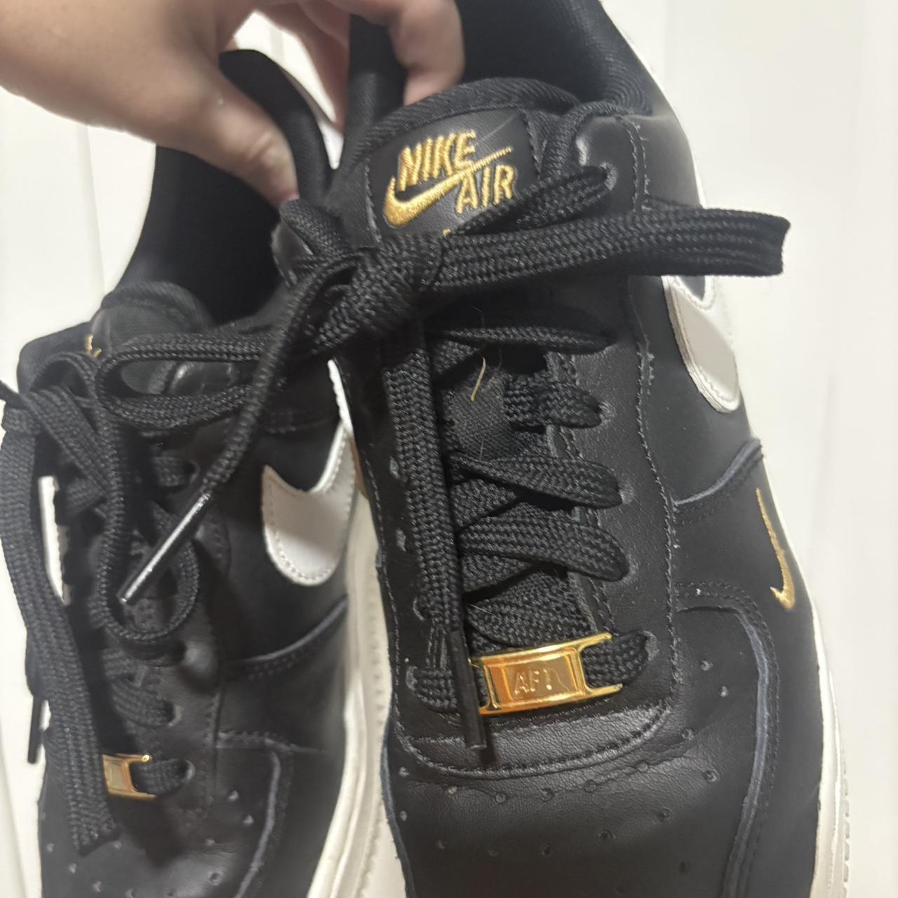 Black, white and gold Nike Air Force 1 trainers size... | Depop