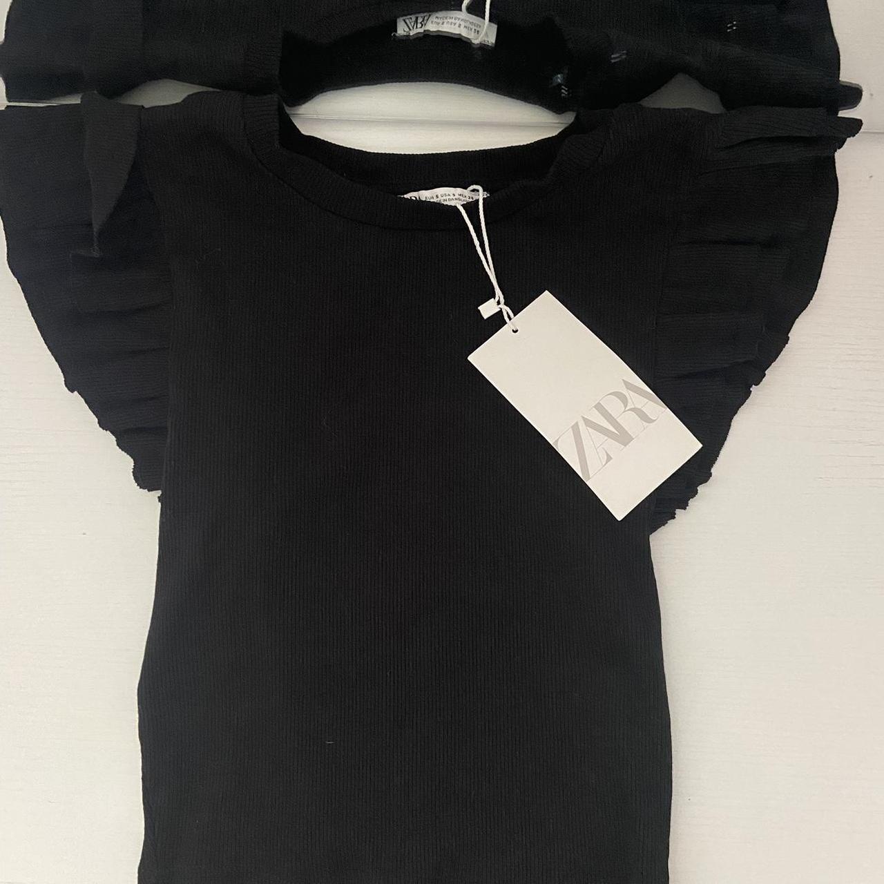 zara preppy ruffle ribbed black top never... - Depop