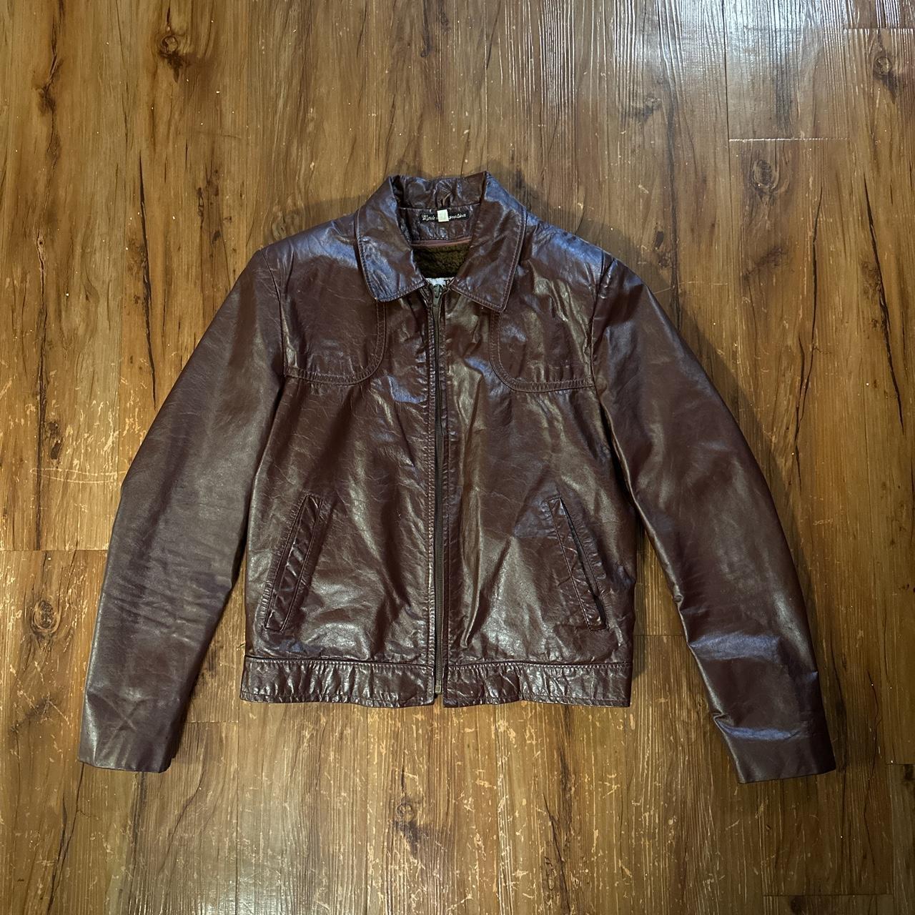 vintage 70s sears leather jacket burgundy color no... - Depop