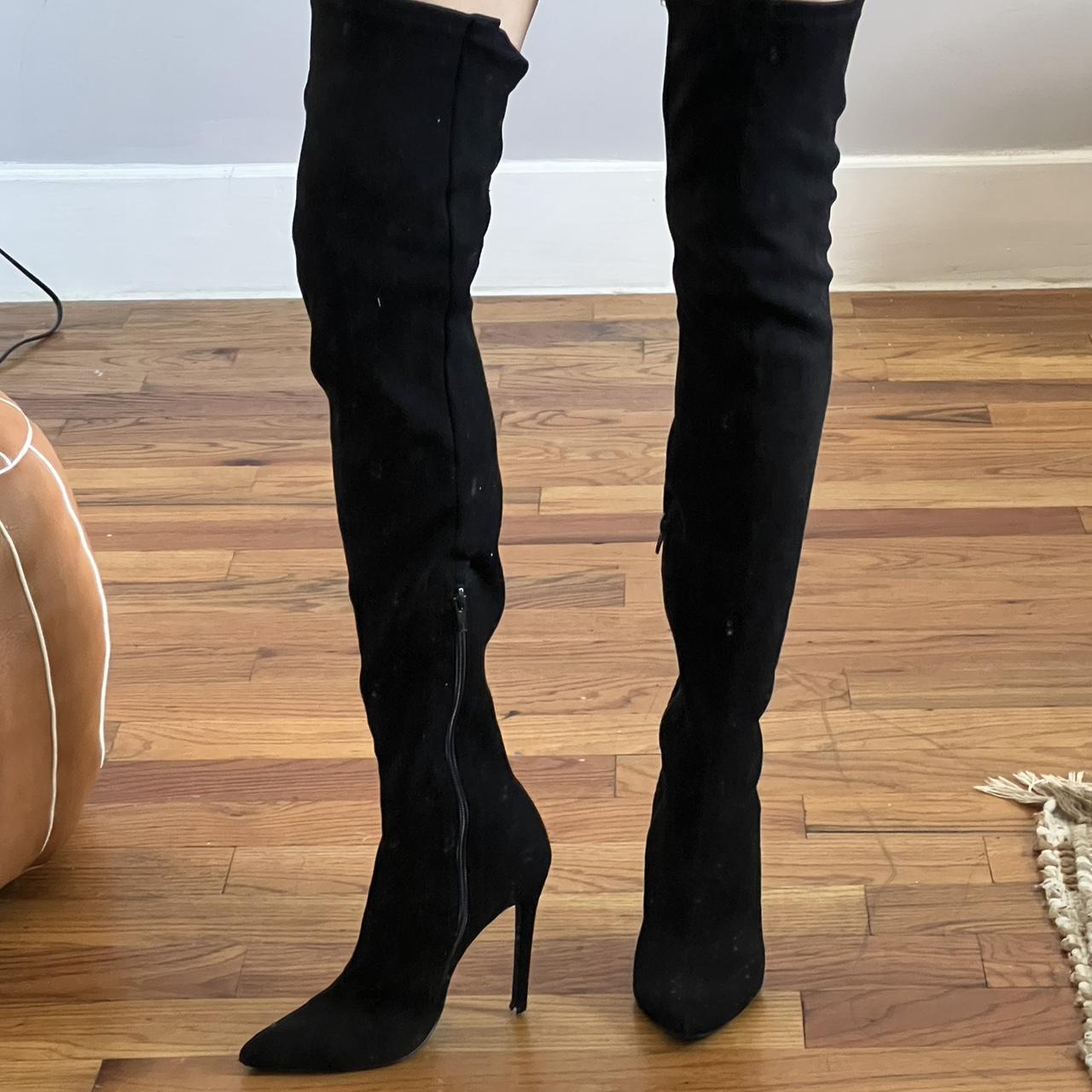 Black suede thigh high boots. Has a zipper on the... - Depop