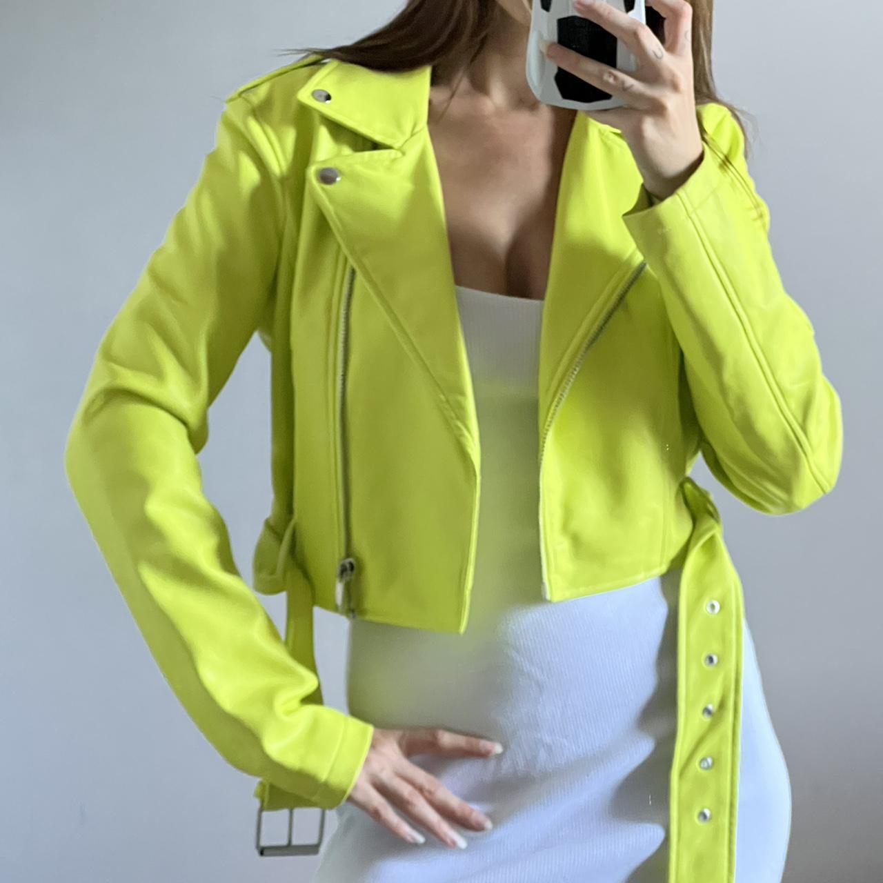 Neon green cropped leather jacket from forever 21.... - Depop