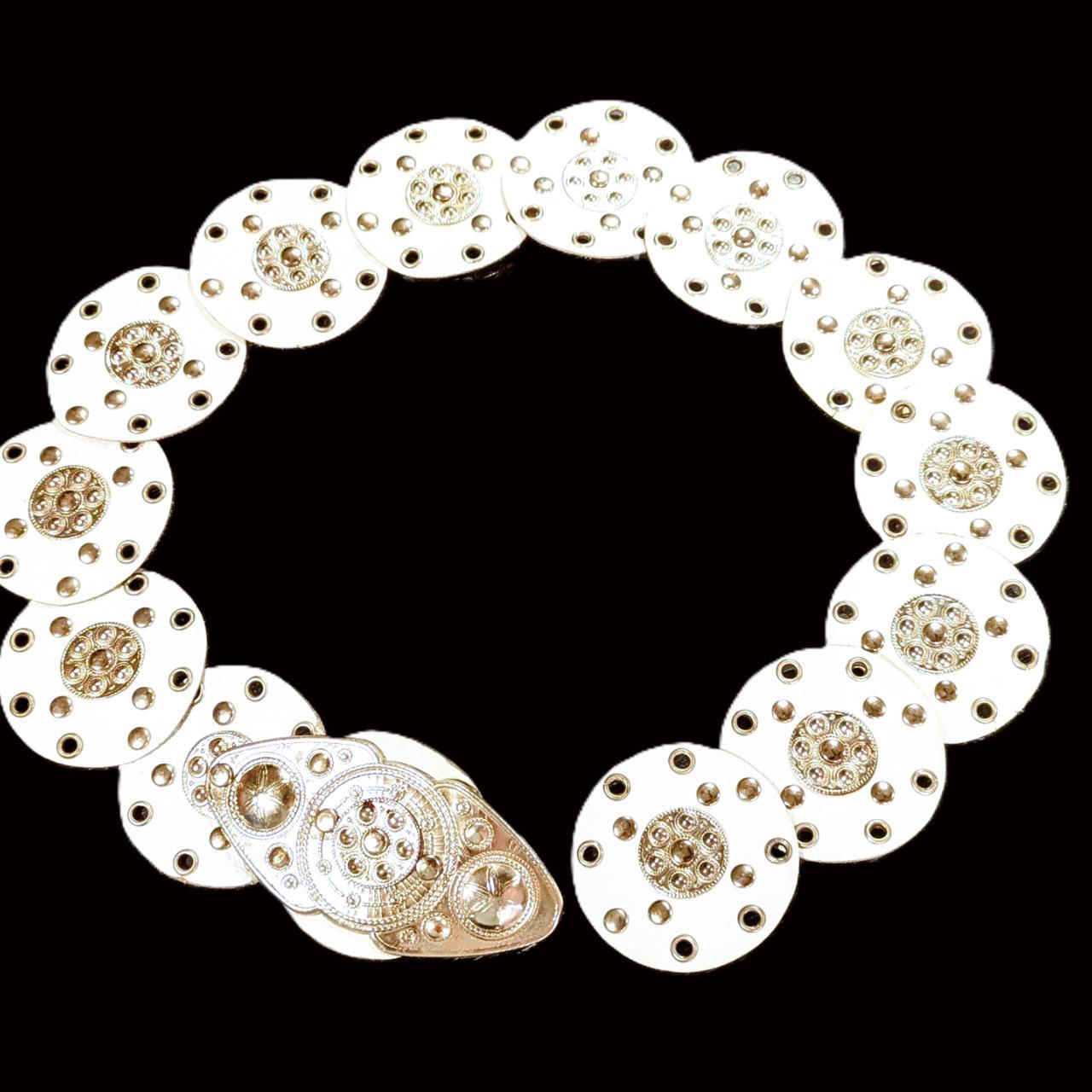 Y2K Leather Disc Belt White Round Metal Buckle Wide... | Depop