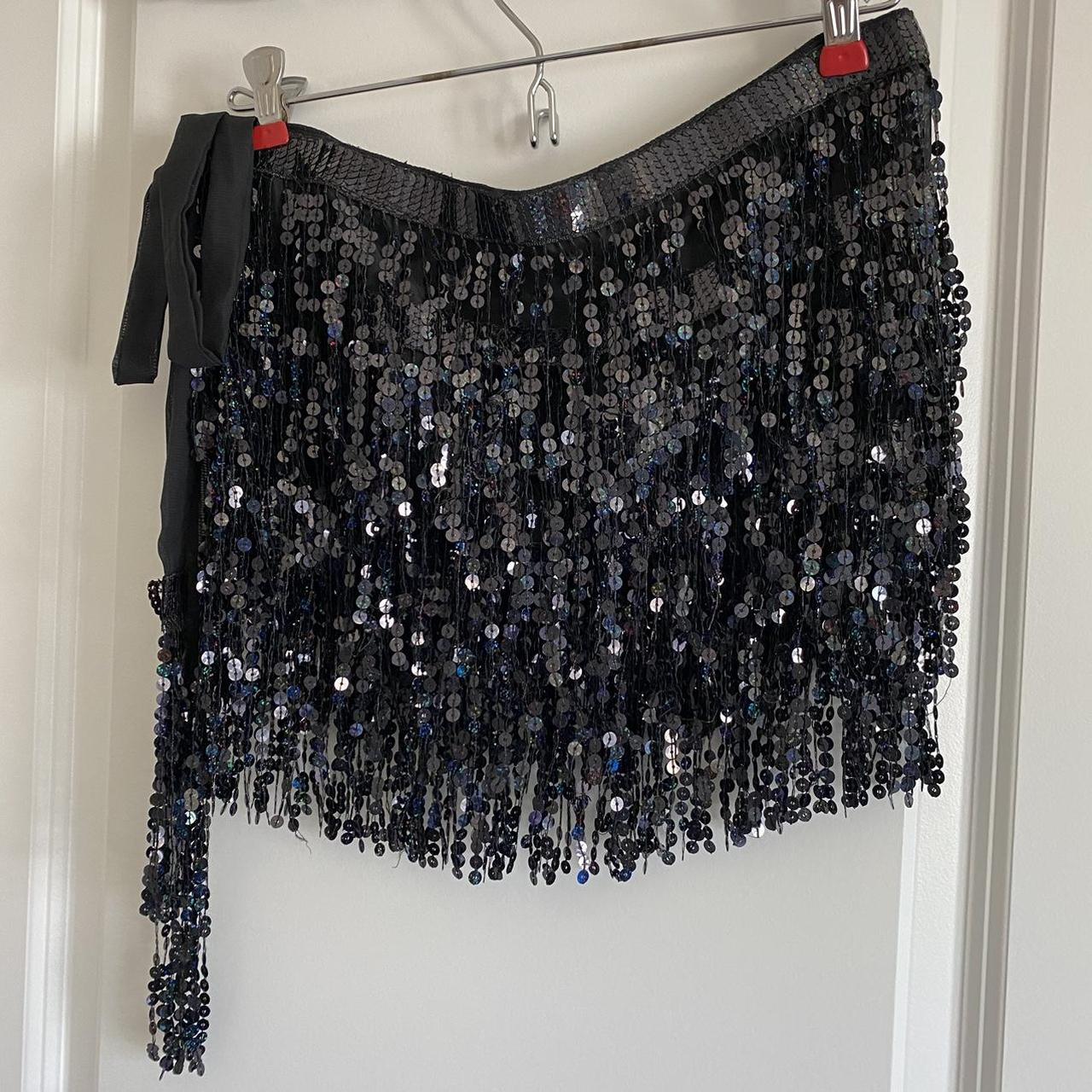 Silk/sequin micro mini wrap dance fringe skirt... - Depop