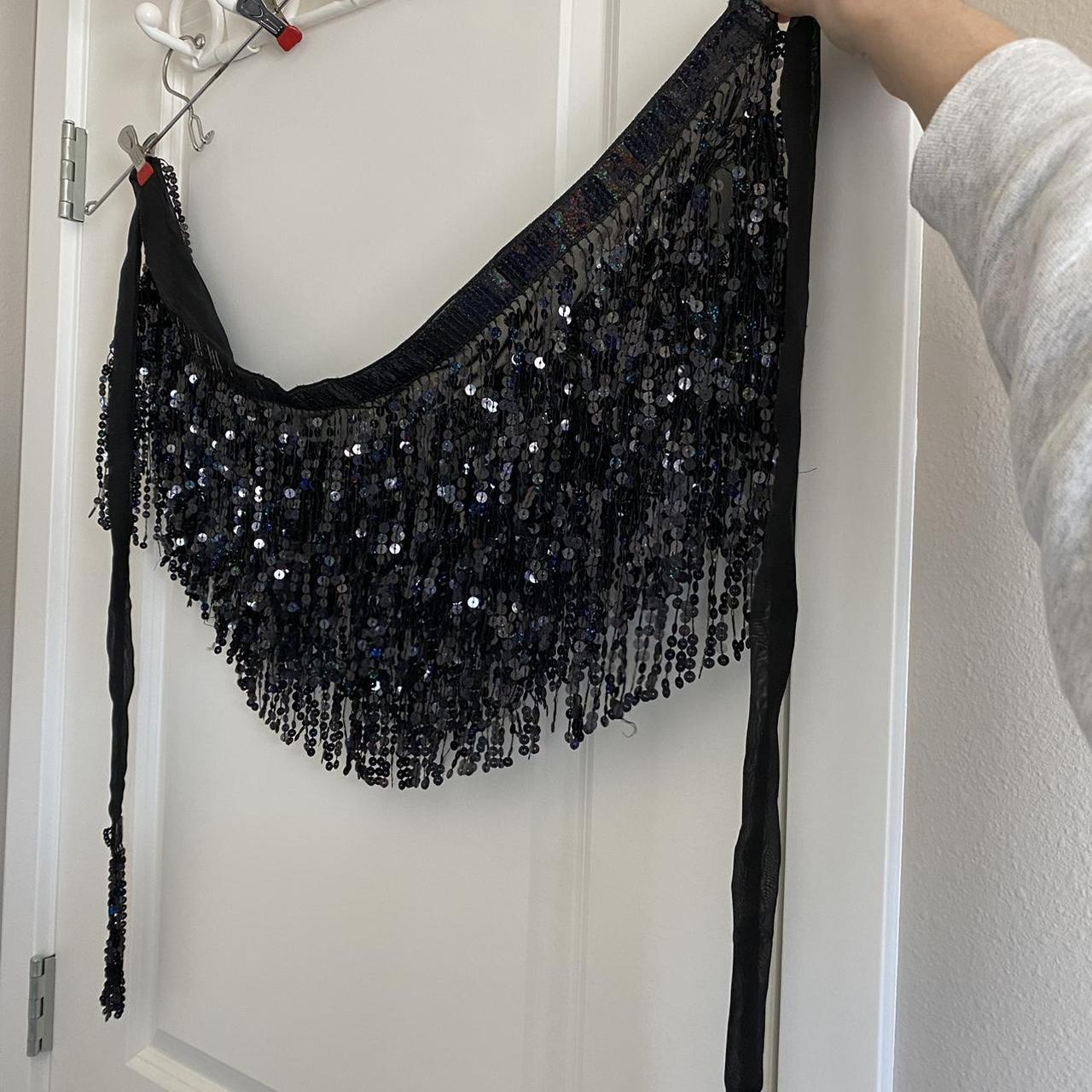 Silk/sequin micro mini wrap dance fringe skirt... - Depop
