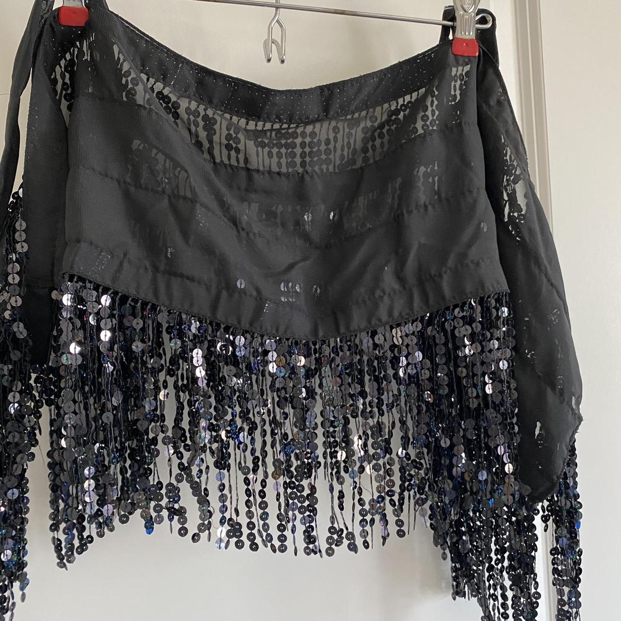 Silk/sequin micro mini wrap dance fringe skirt... - Depop