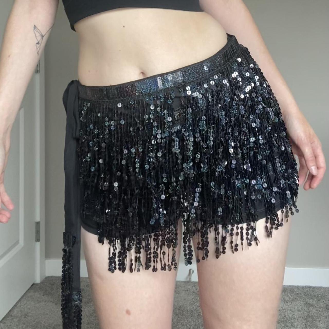 Silk/sequin micro mini wrap dance fringe skirt... - Depop