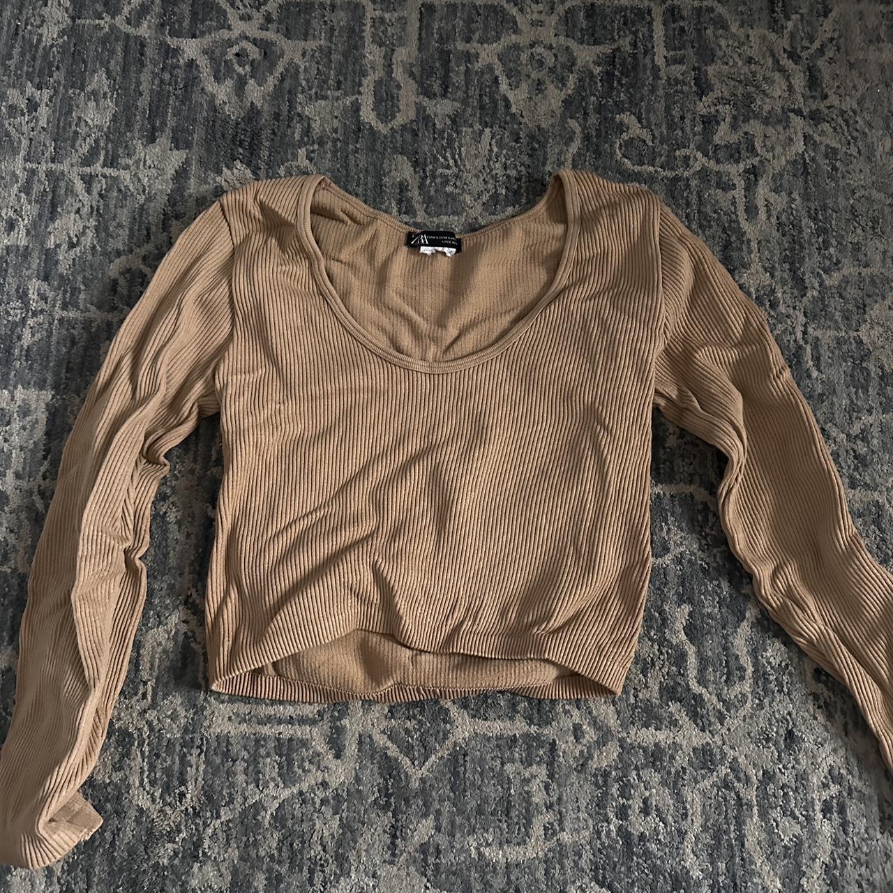 brown tan zara ribbed tight long sleeve - Depop