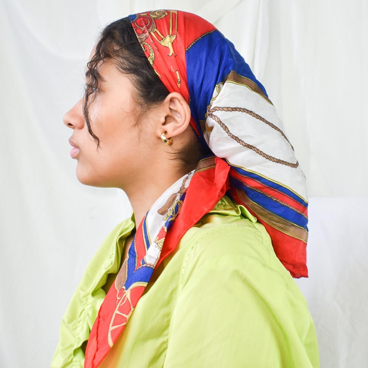 Vintage scarf with a vibrant blue and red print.... - Depop