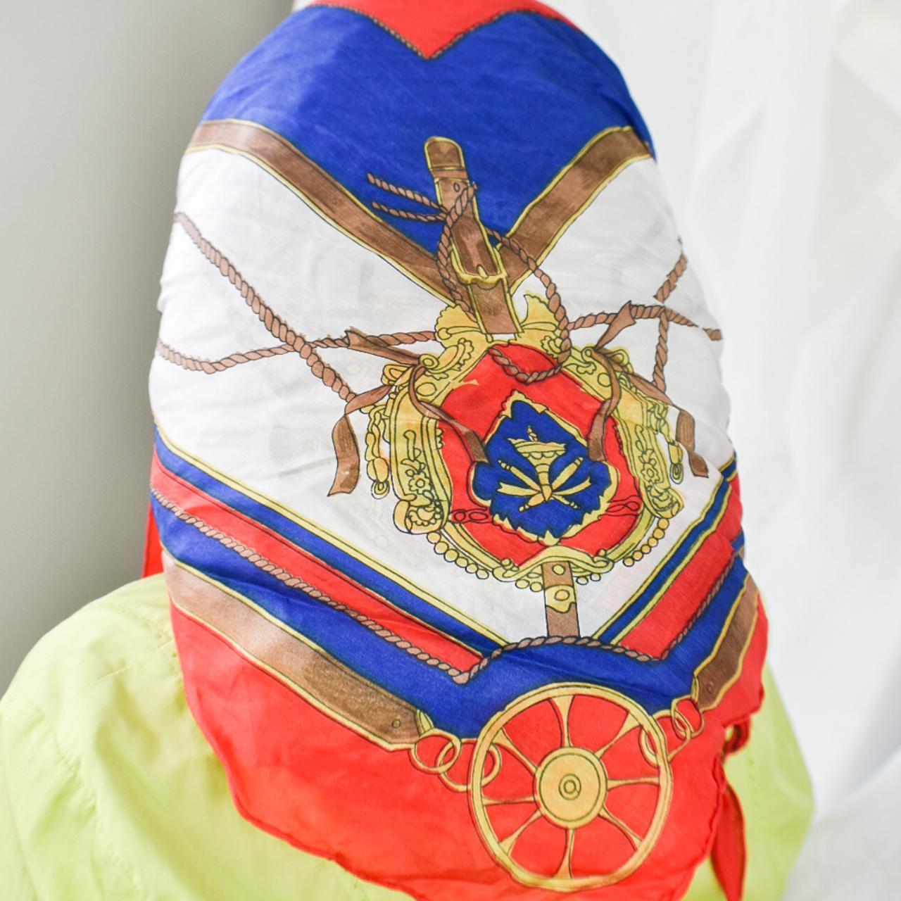 Vintage scarf with a vibrant blue and red print.... - Depop