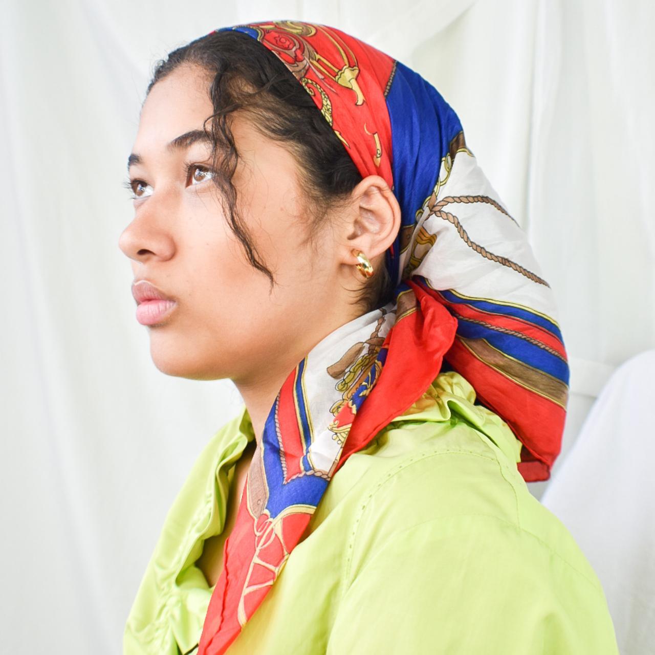 Vintage scarf with a vibrant blue and red print.... - Depop