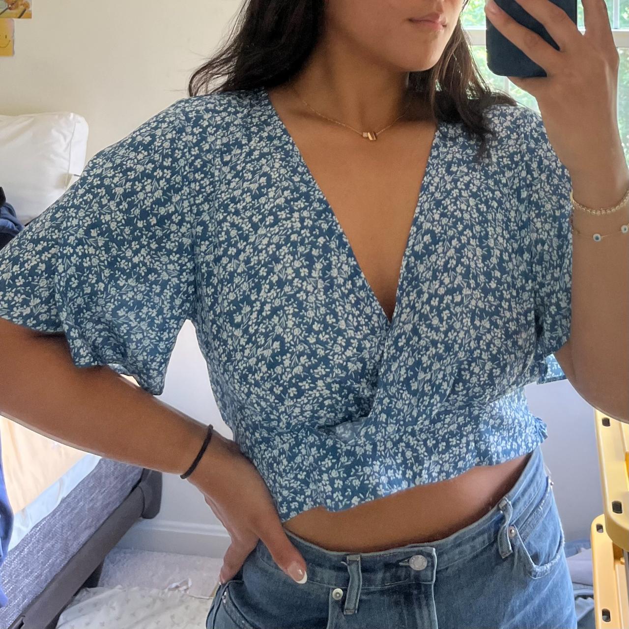 SHEIN DITSY FLORAL BUTTERFLY SLEEVE CROP WRAP BLOUSE... - Depop