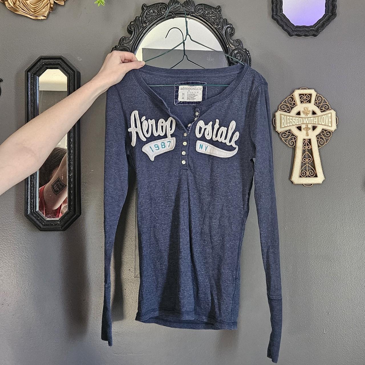 blue navy aeropostale long sleeve slim fit button... - Depop
