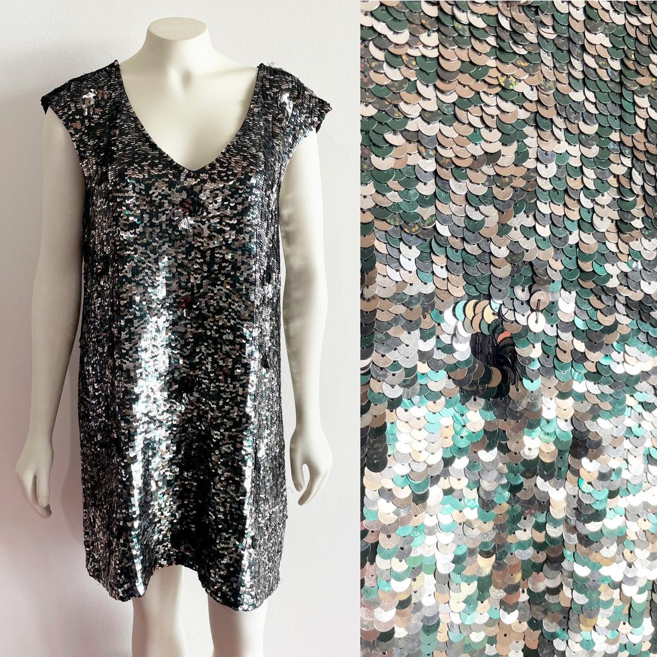 French Connection Sequin Green Silver Gold Shift... - Depop