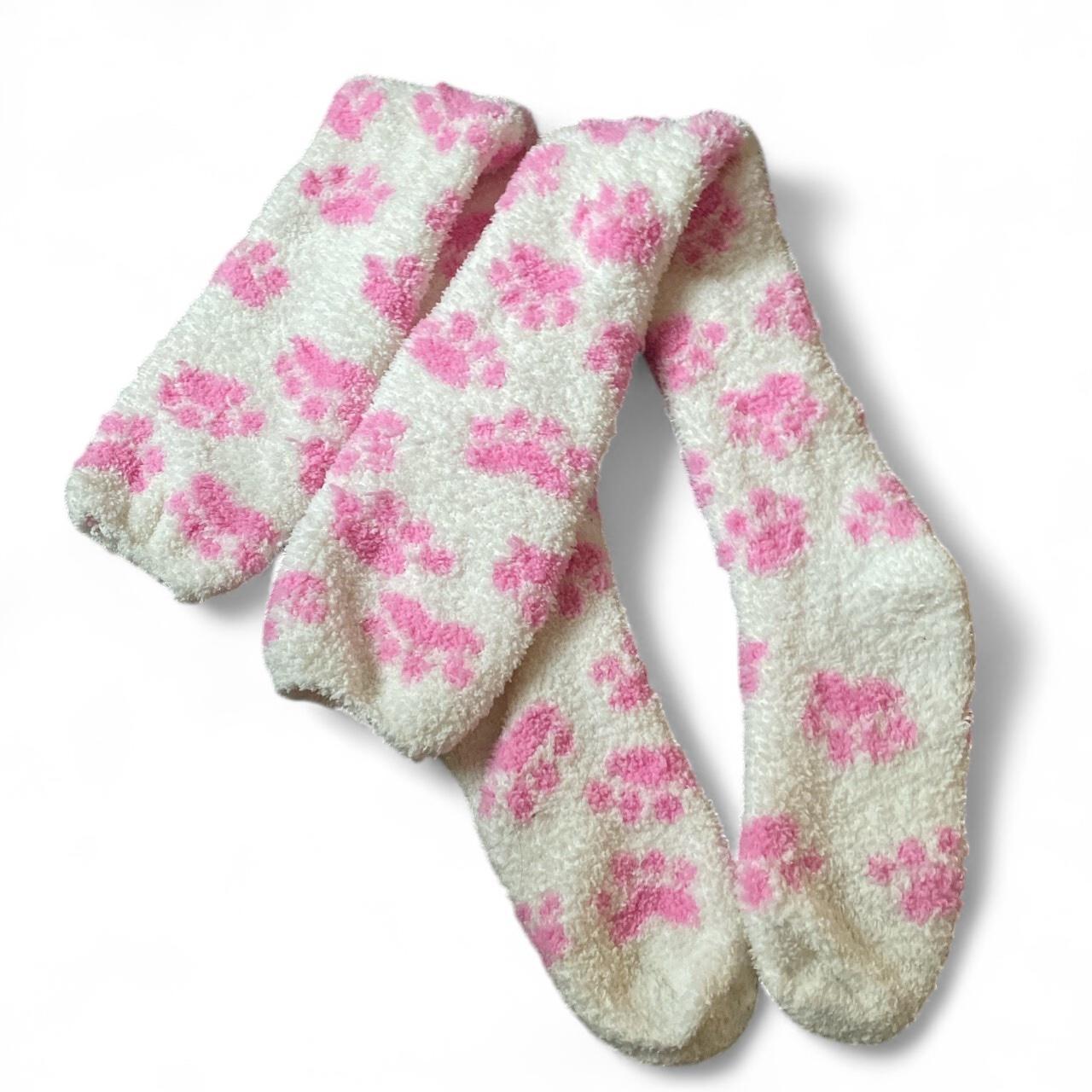 Pink and white fuzzy cat paw socks . . never... | Depop