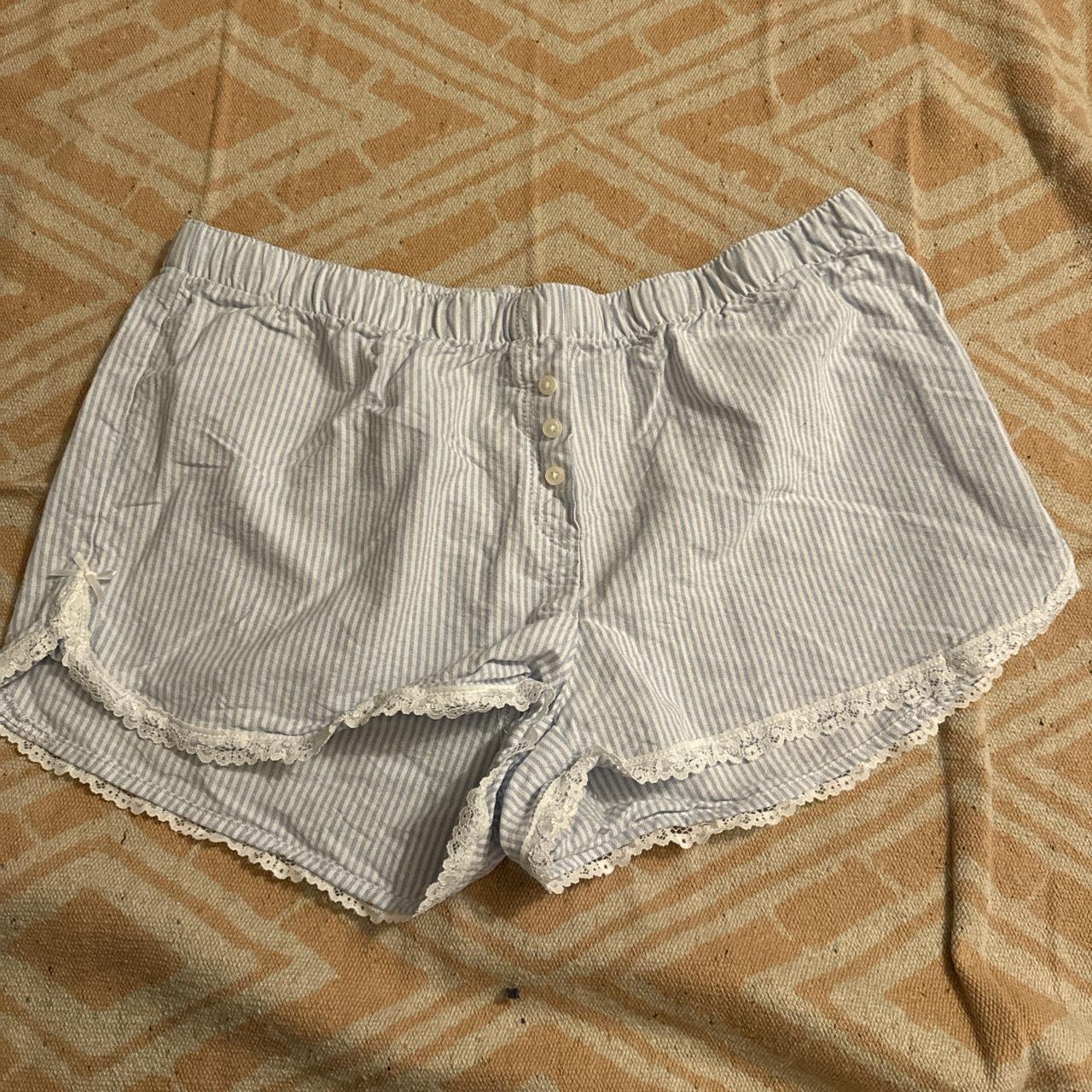 Brandy Melville linen striped boxer shorts with lace... - Depop