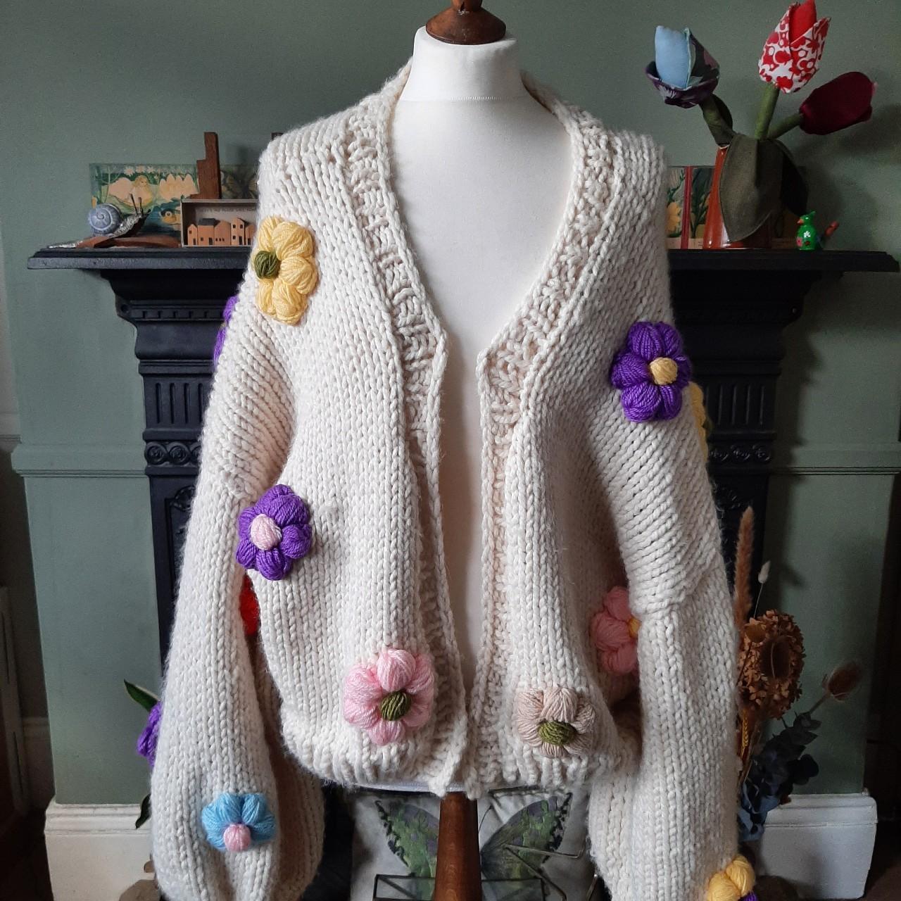 Chunky handmade cardigan with big flower details... - Depop