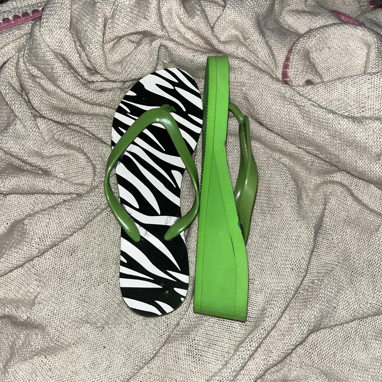 Green and black zebra print platform flip flops... | Depop