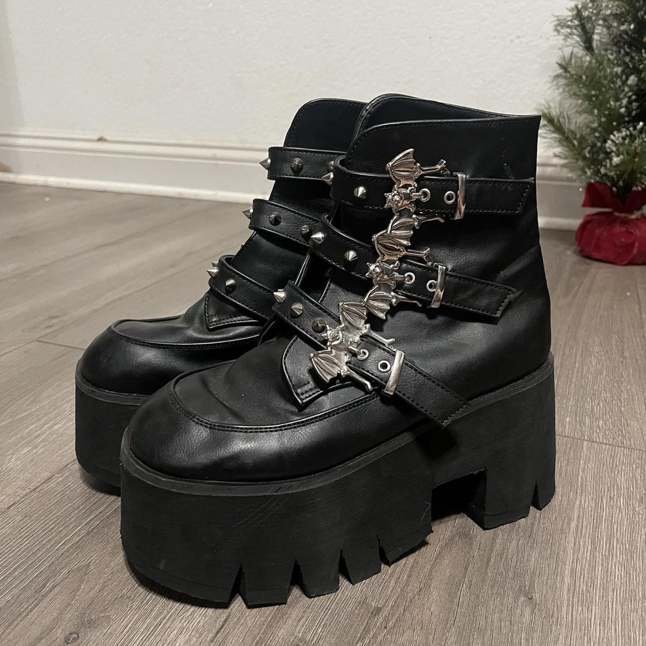 demonia black ashes bat buckle ankle boots womens 9... - Depop