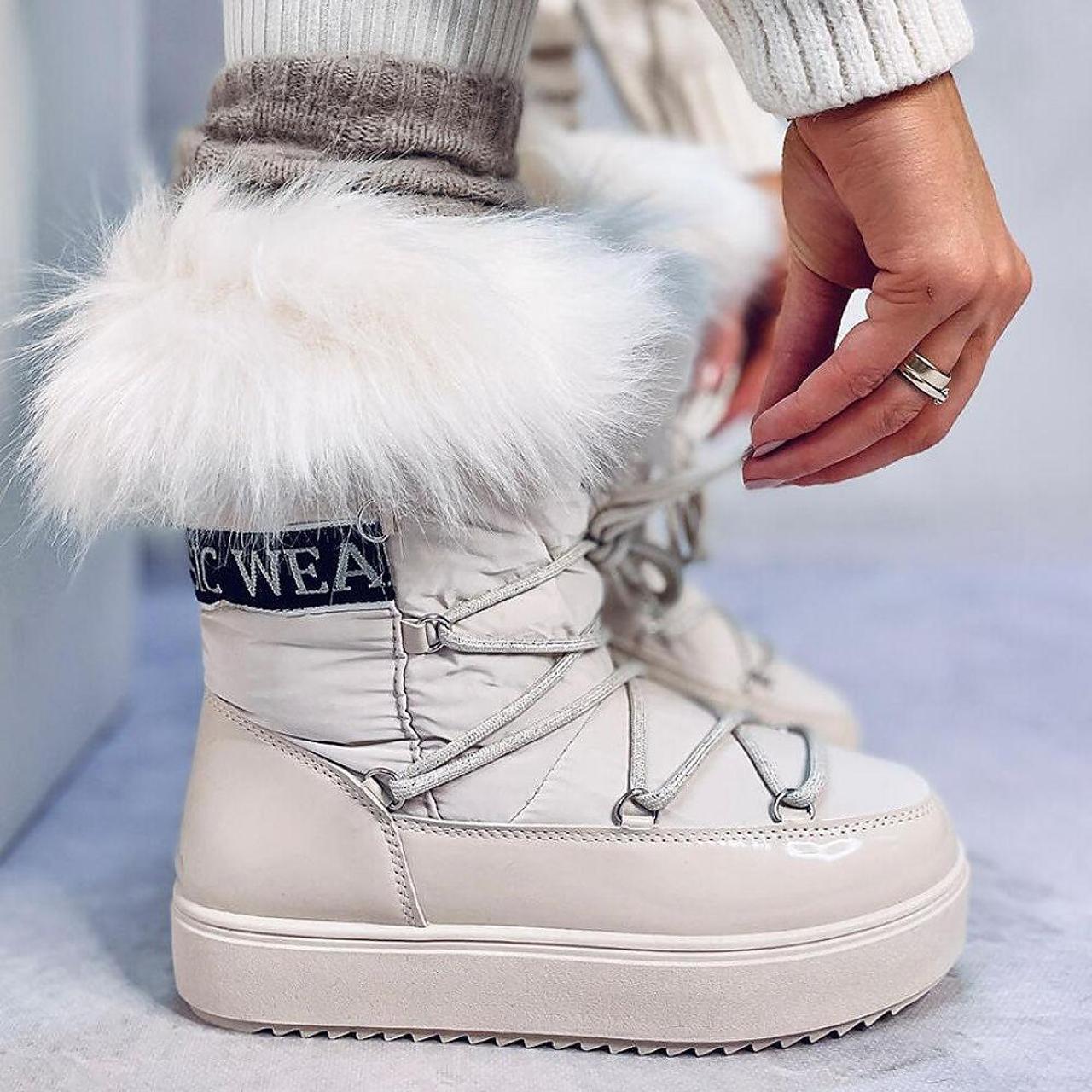 White cream, fur winter boots for women Women's... - Depop