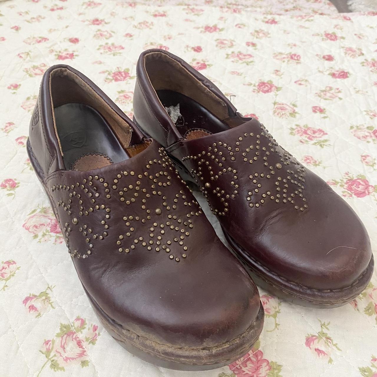 Vintage brown leather clogs with gold bead studs... - Depop