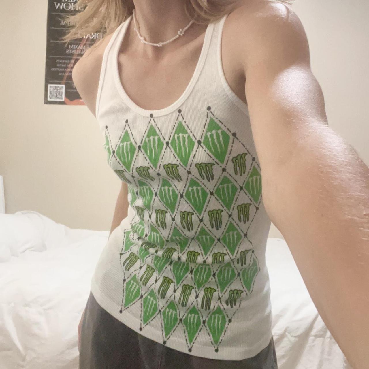 Monster energy tank top White and green argyle... - Depop