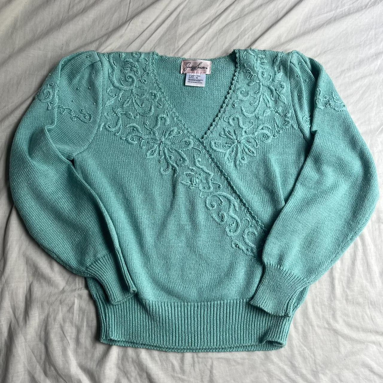 Gorgeous vintage V-neck turquoise jumper/sweater... - Depop