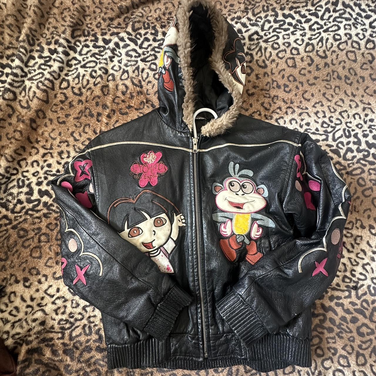 Vintage Dora Graphic Leather Jacket Fur Hood... - Depop