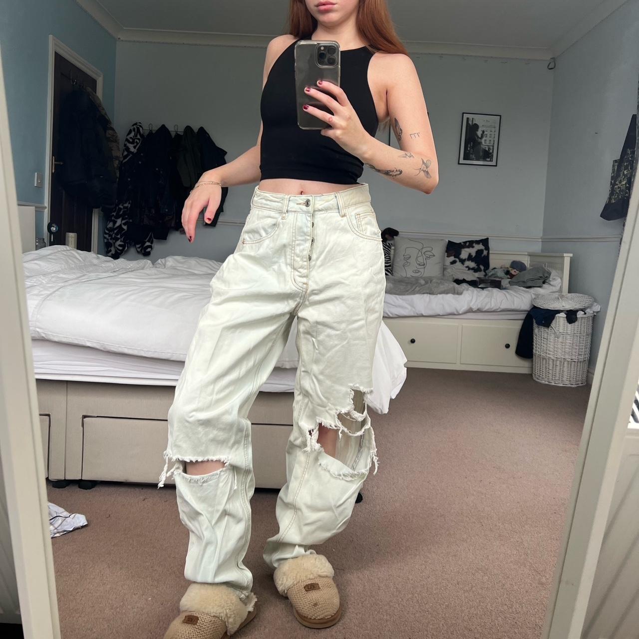 Cream / light baby blue ripped baggy jeans - Depop