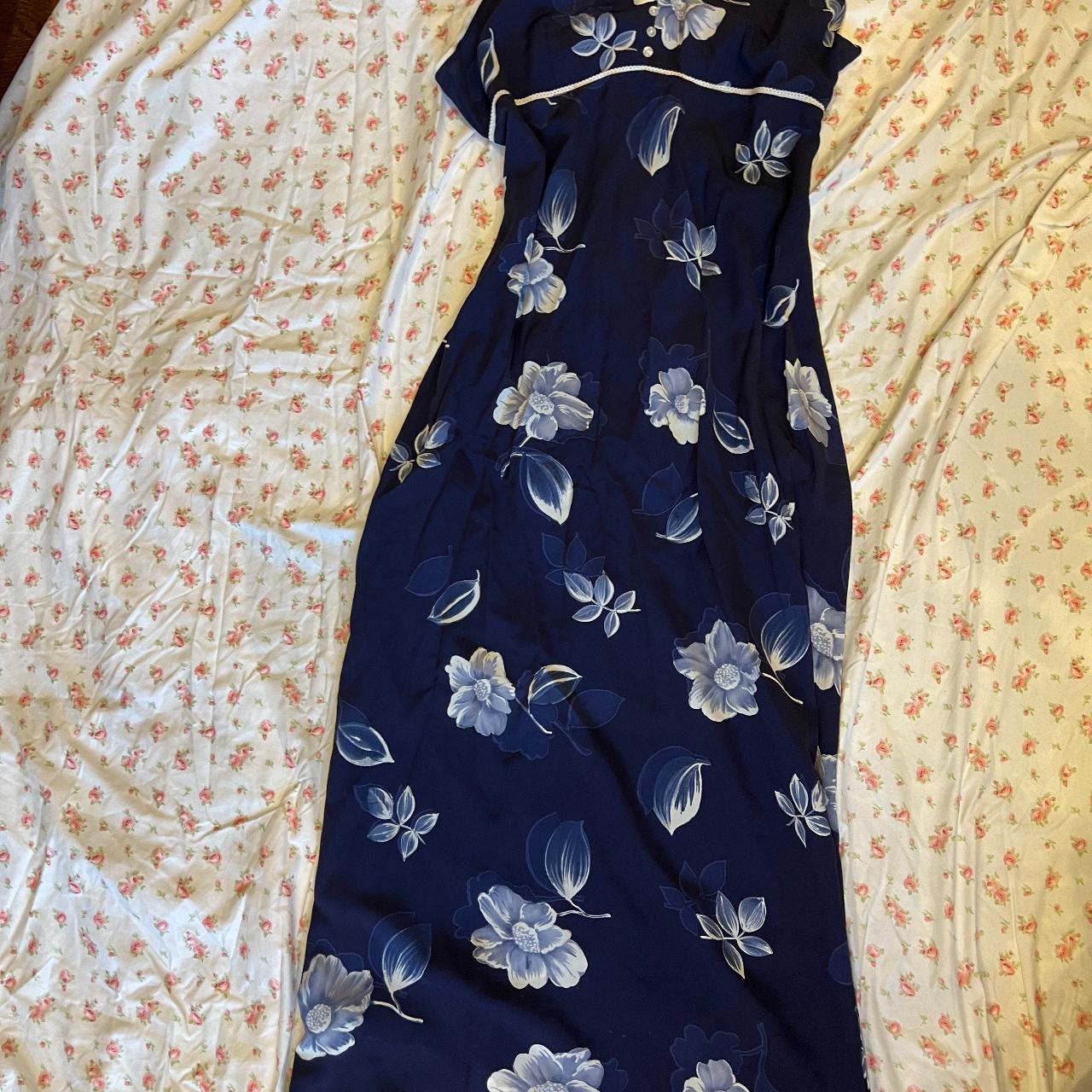 "tempted" floral blue floor length dress, size M/L - Depop