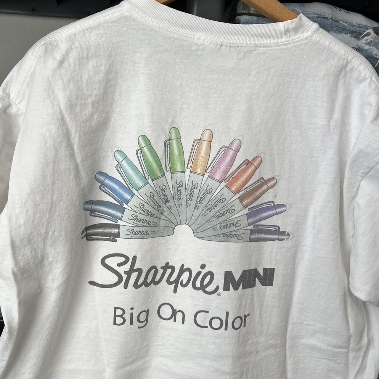 Vintage Sharpie Tshirt SZ L flaws: stains shown in... - Depop