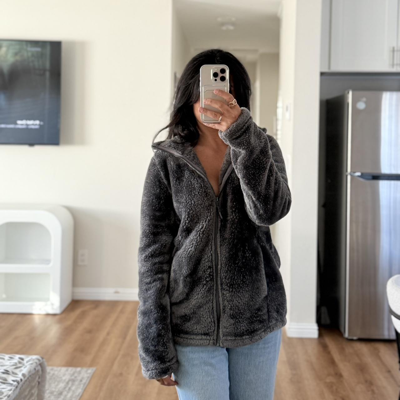 Grey Sherpa fleece zip up jacket #winterjacket - Depop