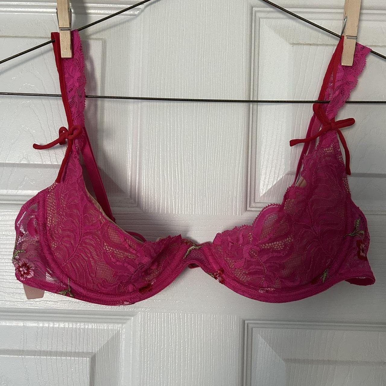 Hot pink lace balconette bra with floral detailing... | Depop