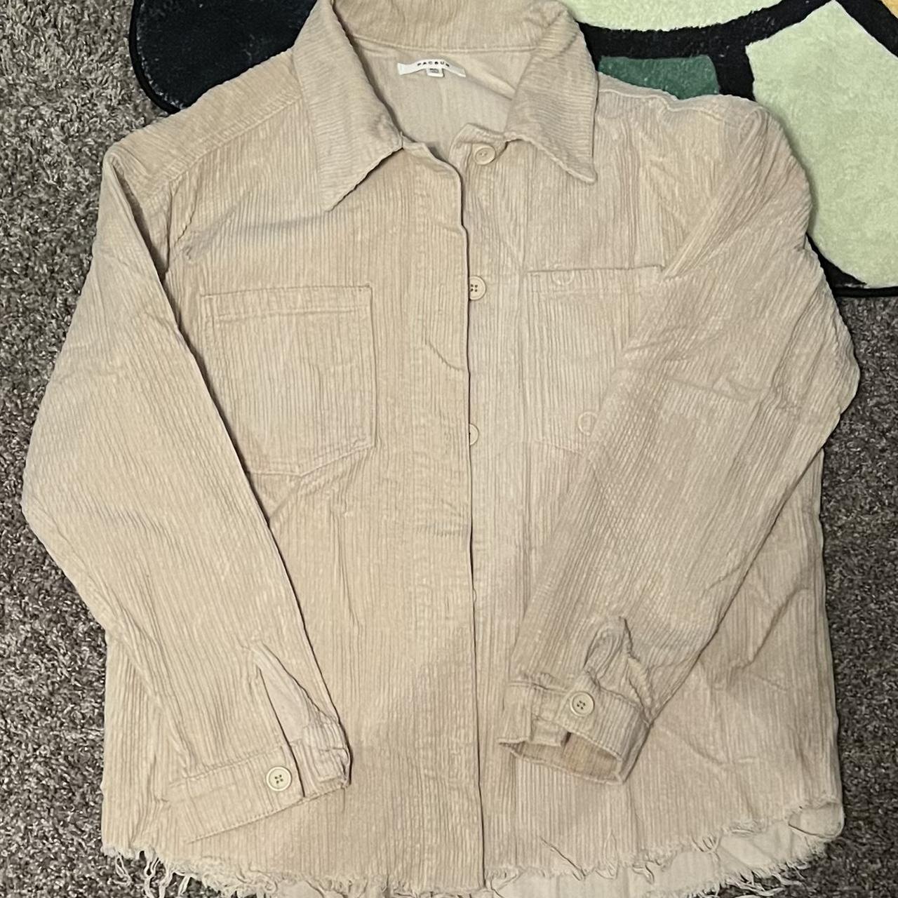 Cream corduroy jacket with distressed bottom - Depop