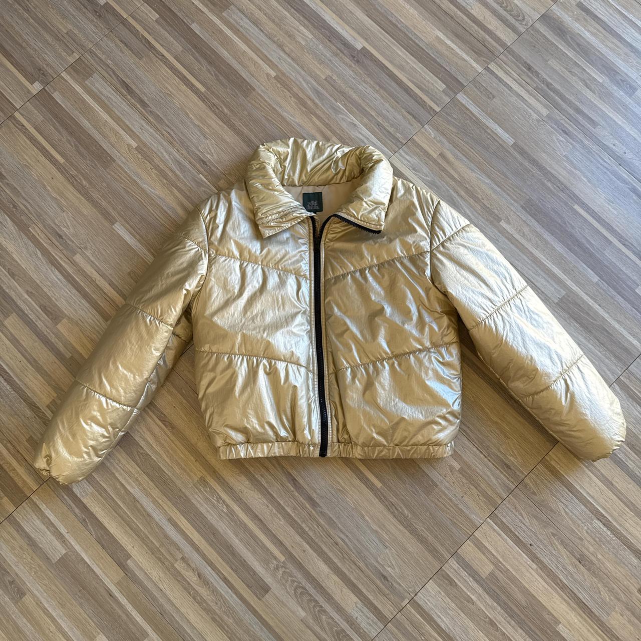 Gold puffer jacket with zipper, pockets on both... - Depop