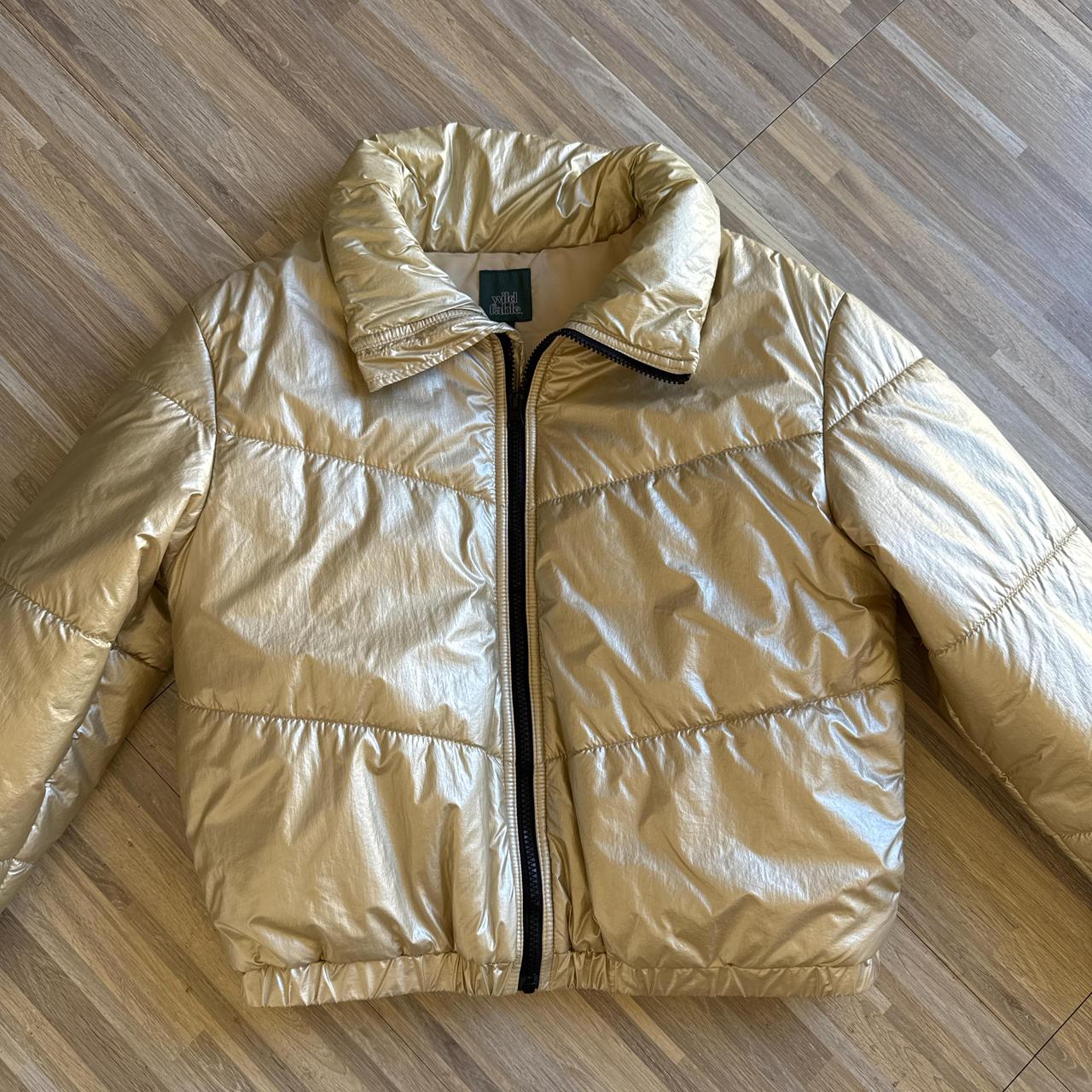 Gold puffer jacket with zipper, pockets on both... - Depop
